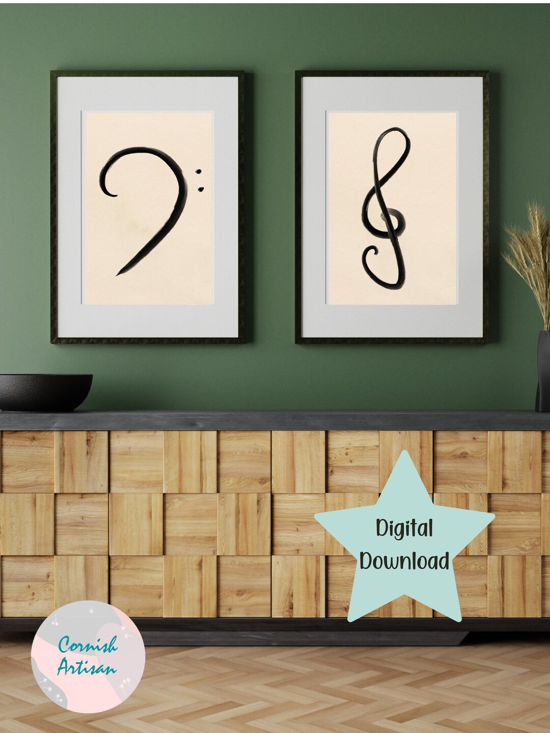 Music Treble Bass Clef Art Print Set Digital Download Set of 2 ...