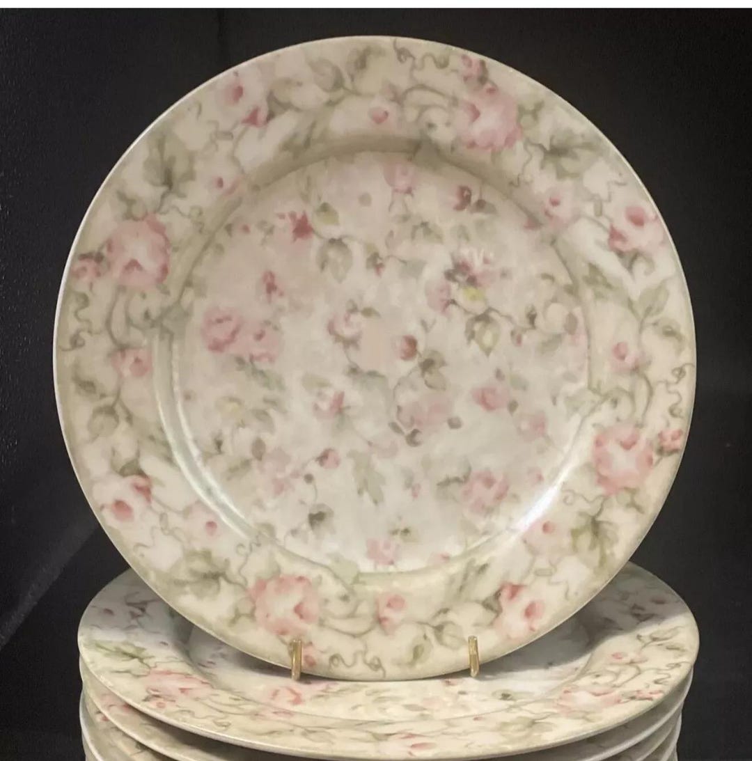222 Fifth Cheri Blum “SAVANNAH” Pink Roses on Tan Set of 3 Salad Plates ...