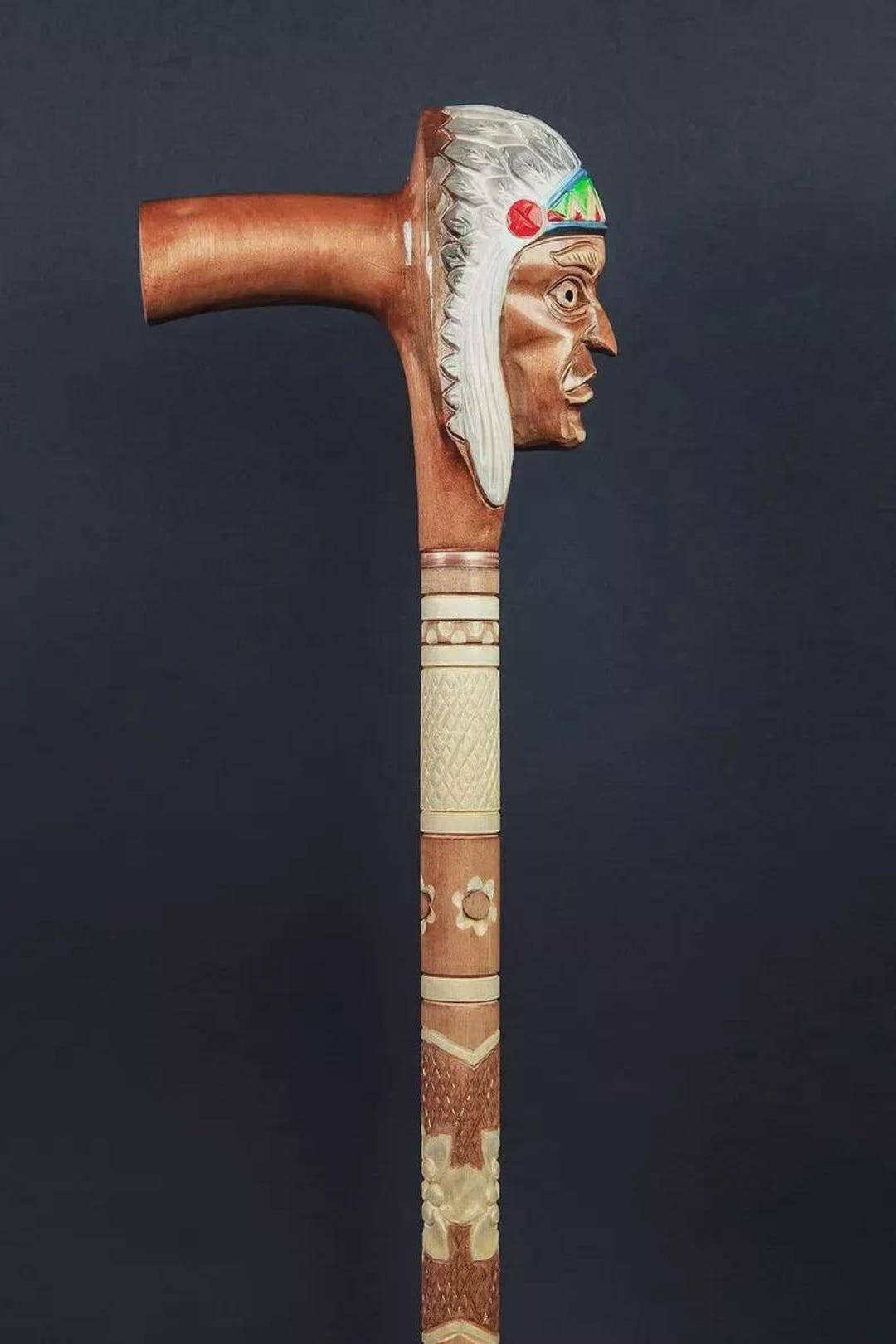 Wooden Cane With Carved Native American Chief Bust Feather War Bonnet ...