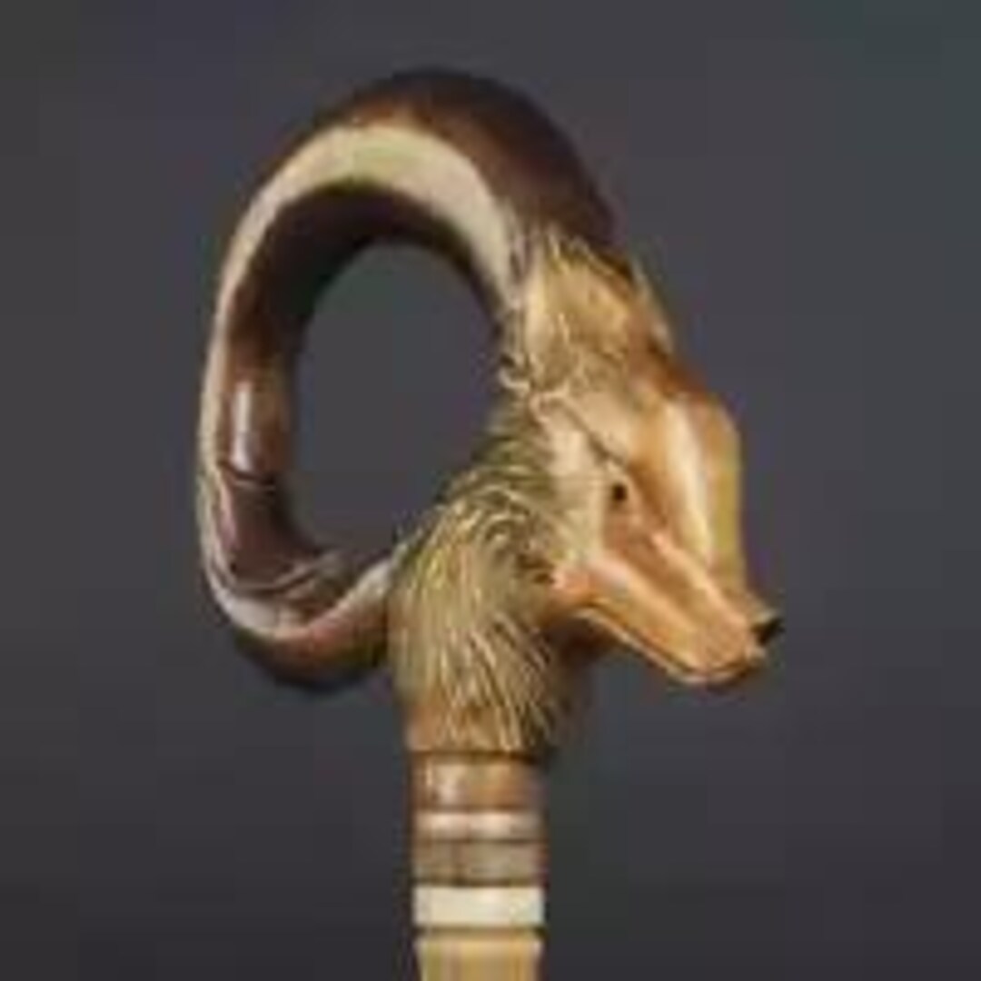 Ram Head Walking Cane Hand Carved Wooden Staff With Spiral Horn Handle ...