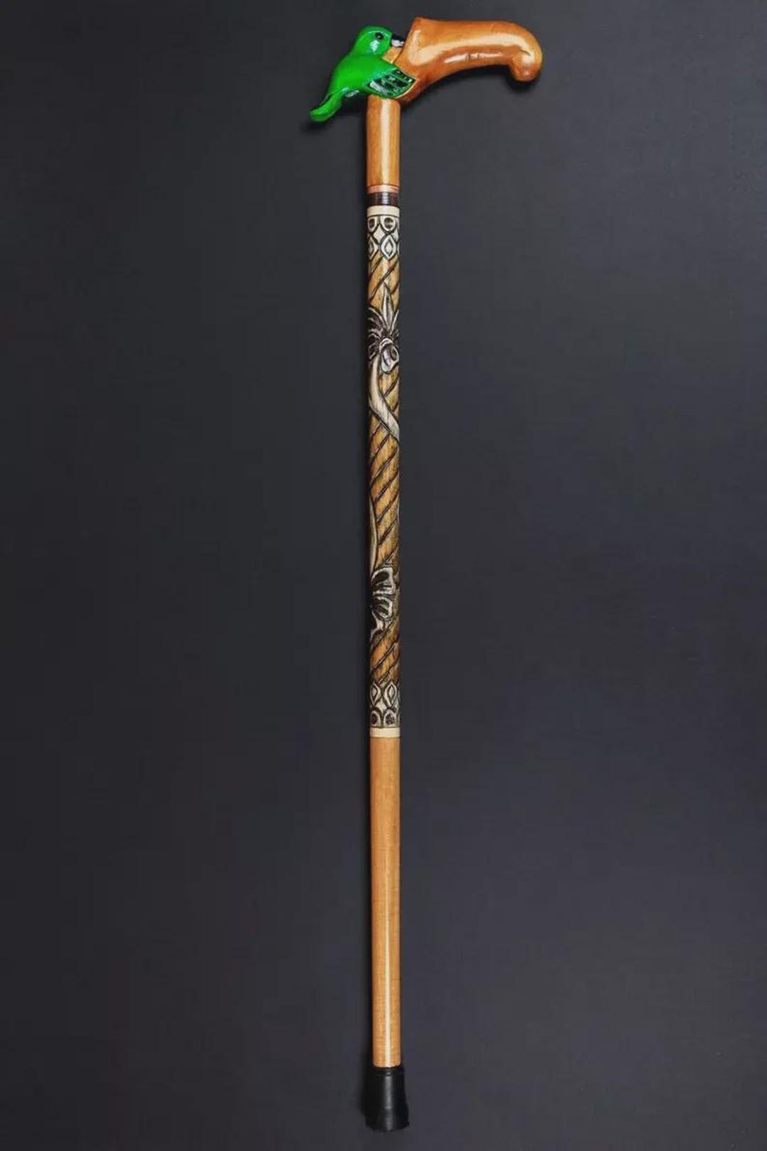 Wooden Walking Cane With Emerald Green Bird Handle Leaf Inlays and ...
