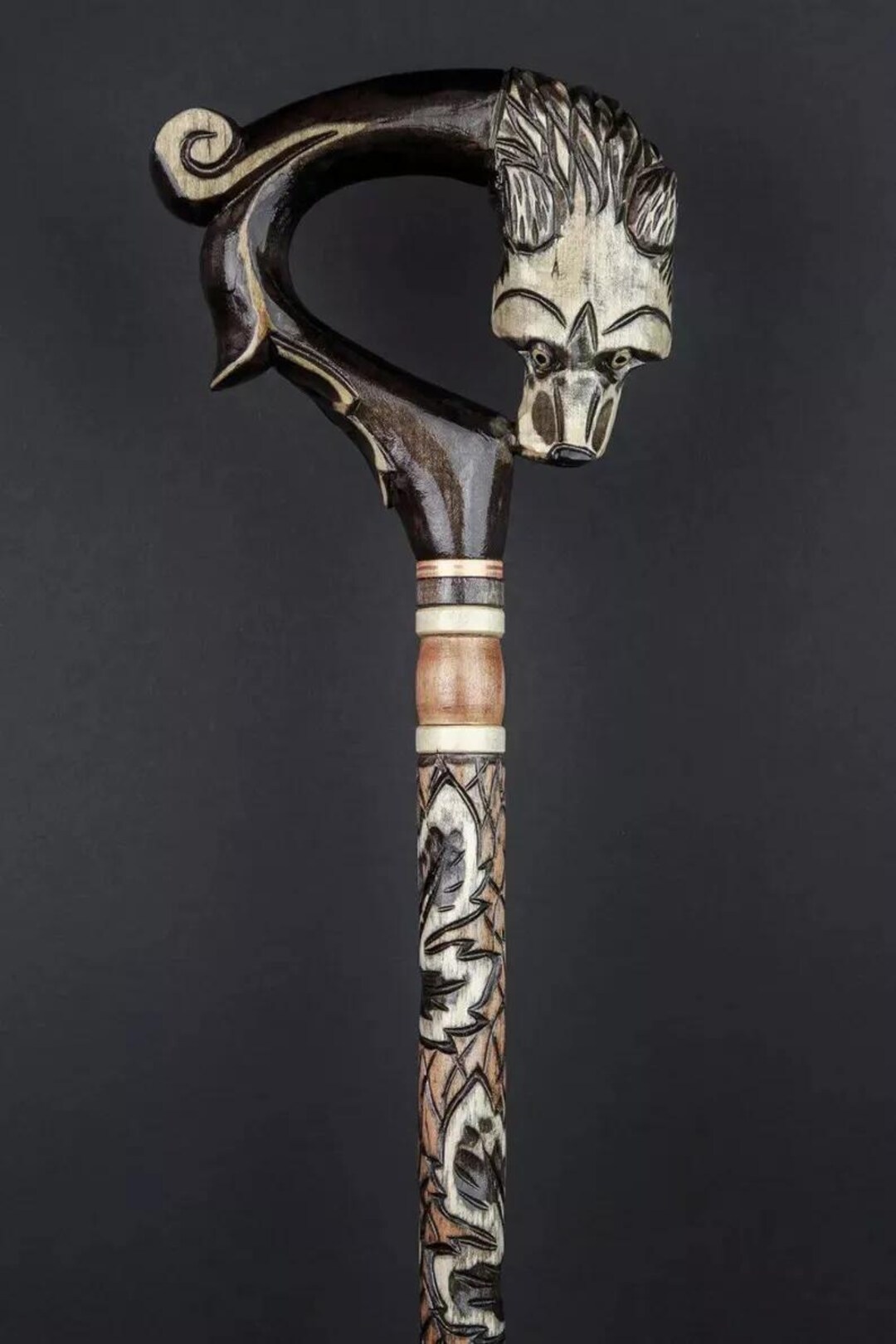 Hand-carved Wooden Cane, Wolf Head Walking Stick Collectible Wooden ...