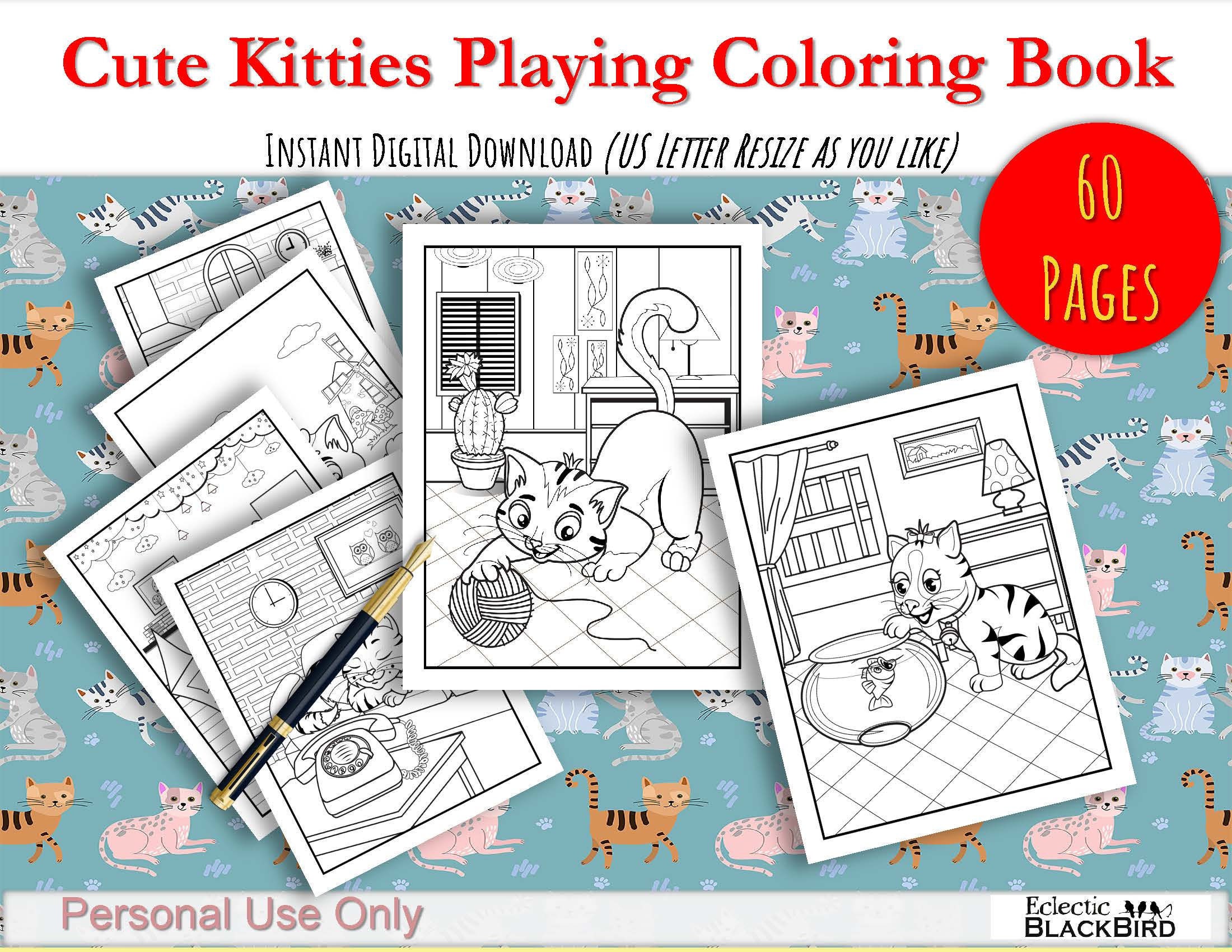 Cute Kitties Playing Coloring Book for Kids, Printables (instant PDF ...