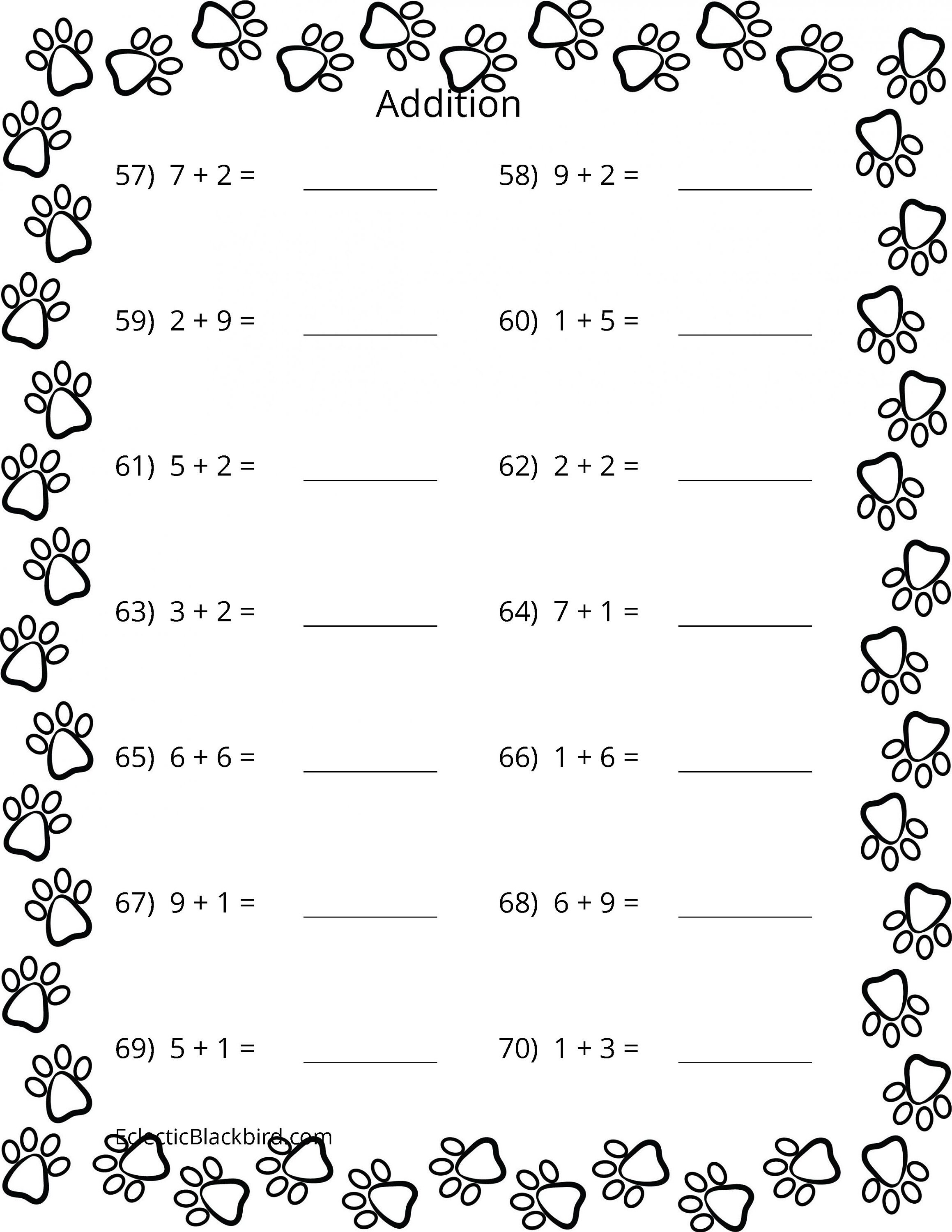 Dog Paws 1 Digit Addition Math Printable Addition Practice for ...