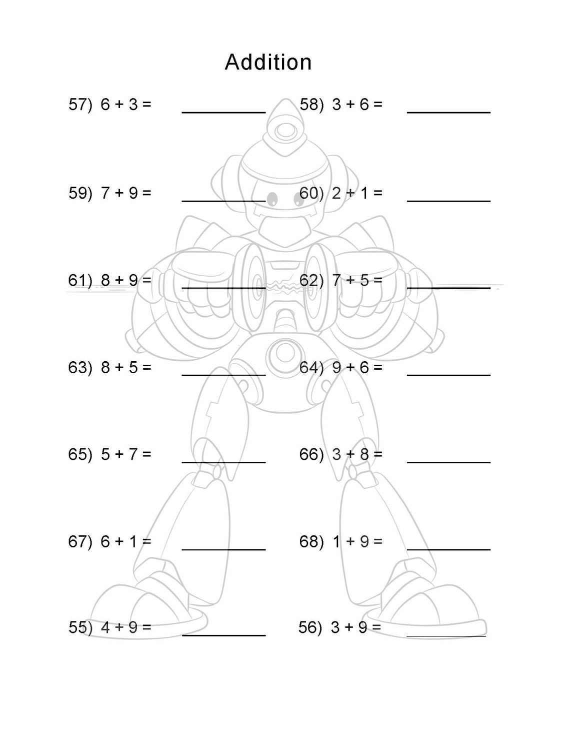 Robots 1 Digit Addition Math Printable Addition Practice for | Etsy