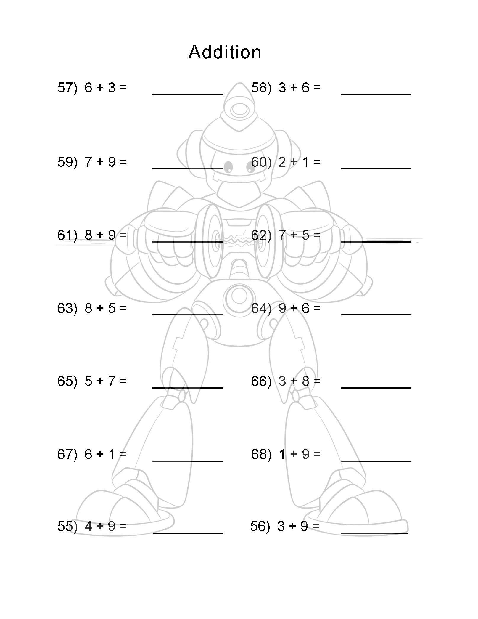 Robots 1 Digit Addition Math Printable | Addition Practice for ...