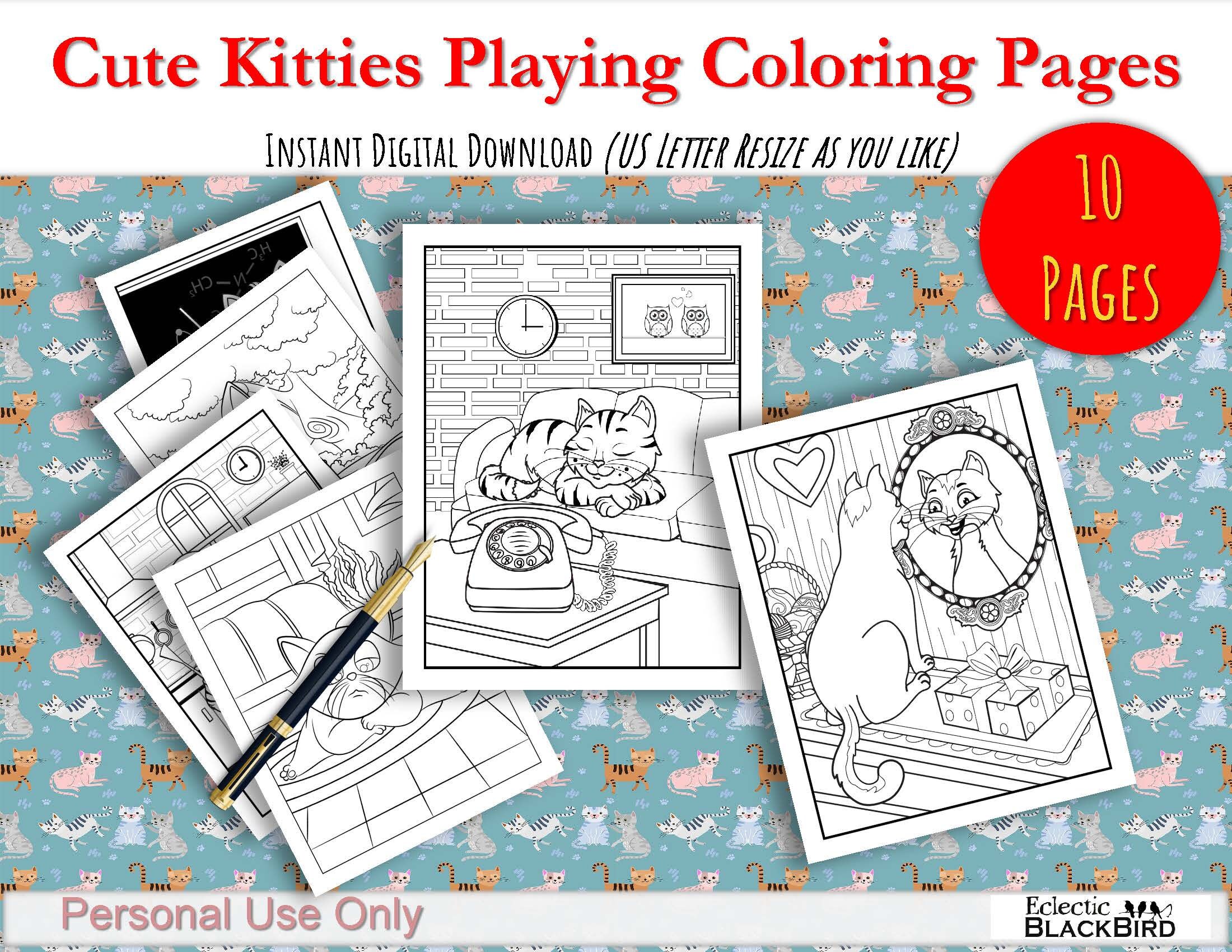 Cute Kitties Playing 10 Coloring Pages for Kids, Printables (instant ...