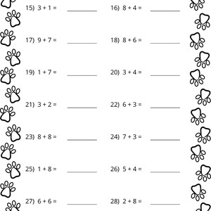 Dog Paws 1 Digit Addition Math Printable Addition Practice | Etsy
