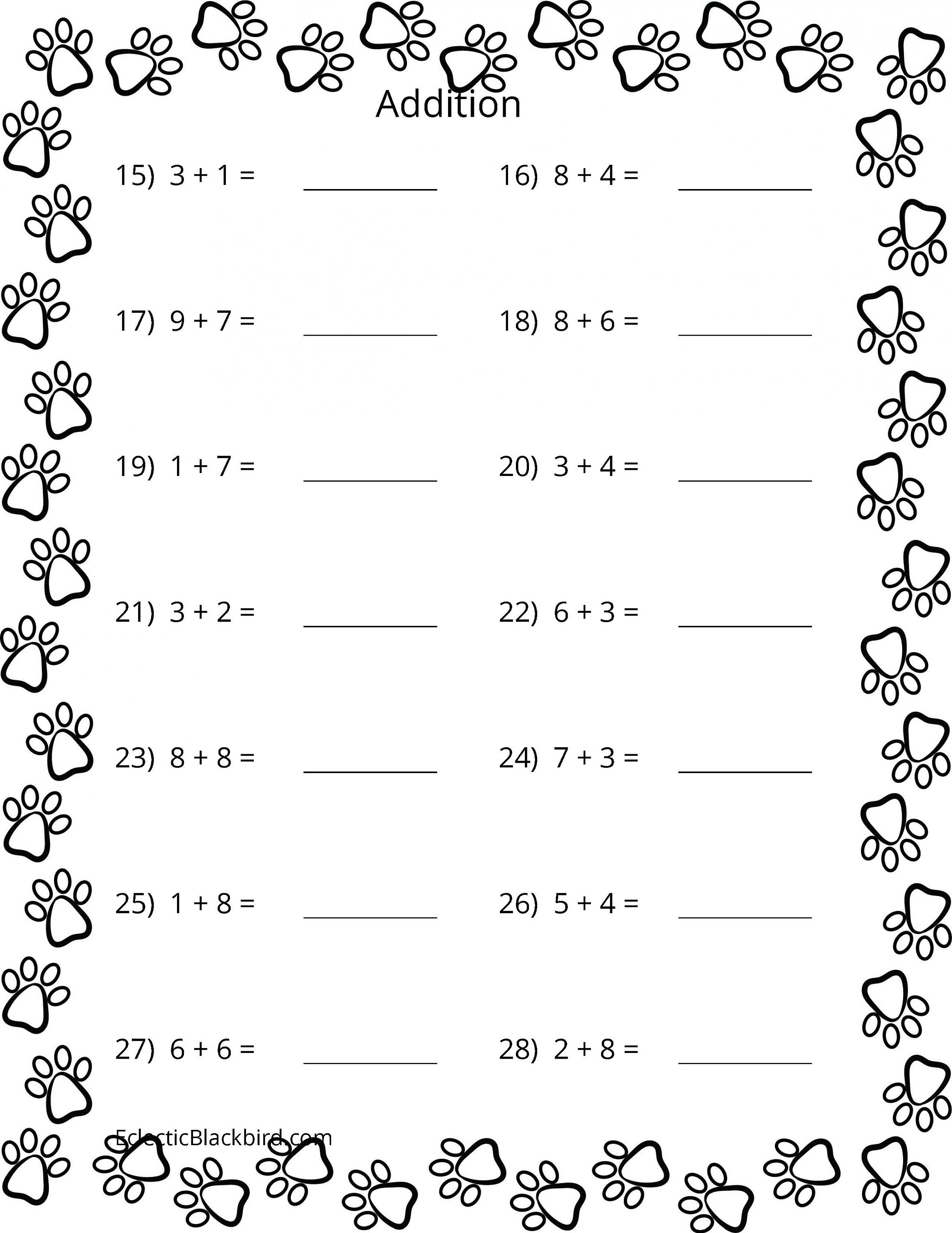 Dog Paws 1 Digit Addition Math Printable Addition Practice for ...