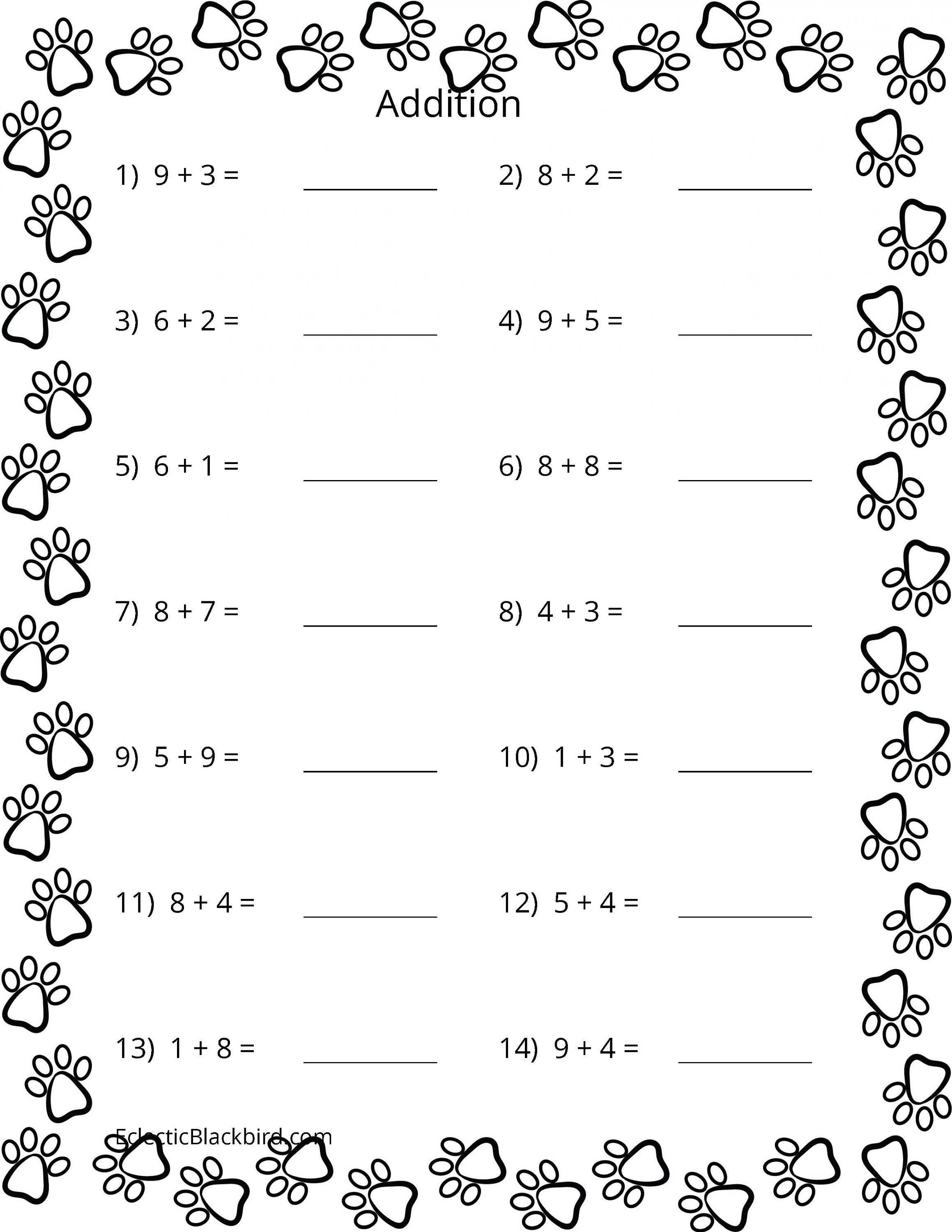 Dog Paws 1 Digit Addition Math Printable Addition Practice - Etsy