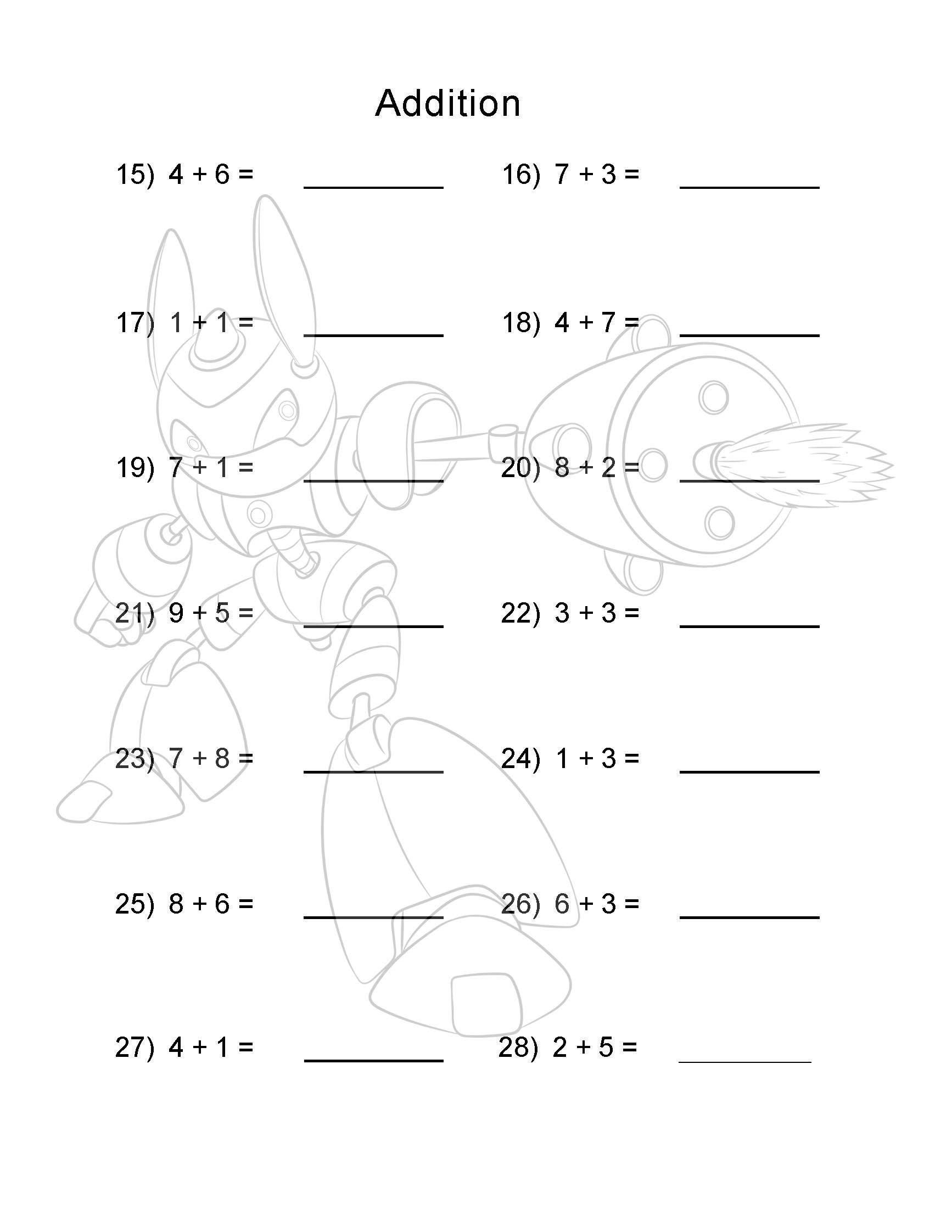 Robots 1 Digit Addition Math Printable | Addition Practice for ...