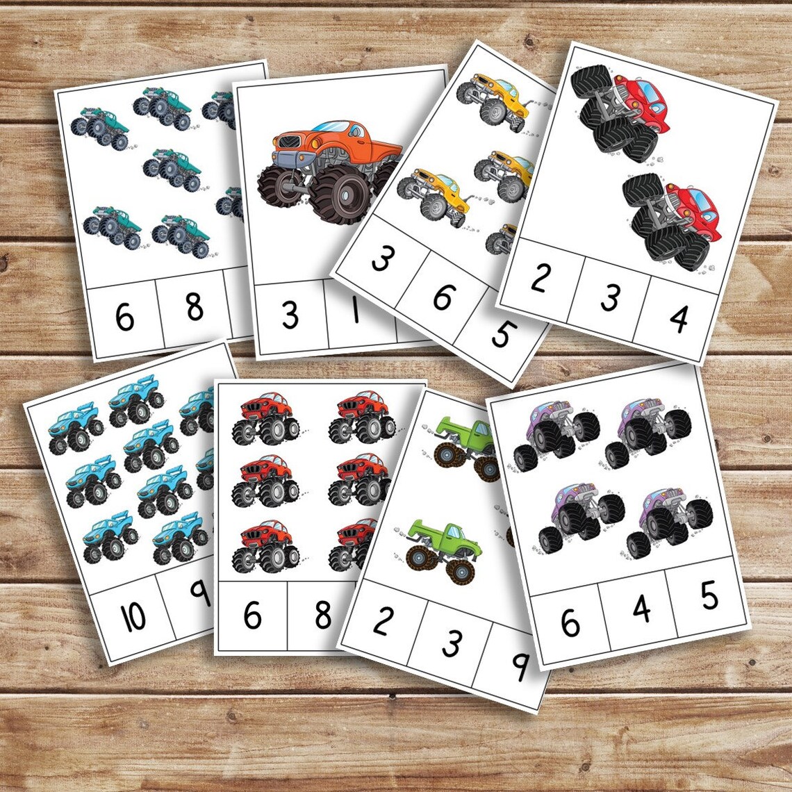 Count and Clip Monster Truck Flashcards, Counting Flashcards for Kids ...