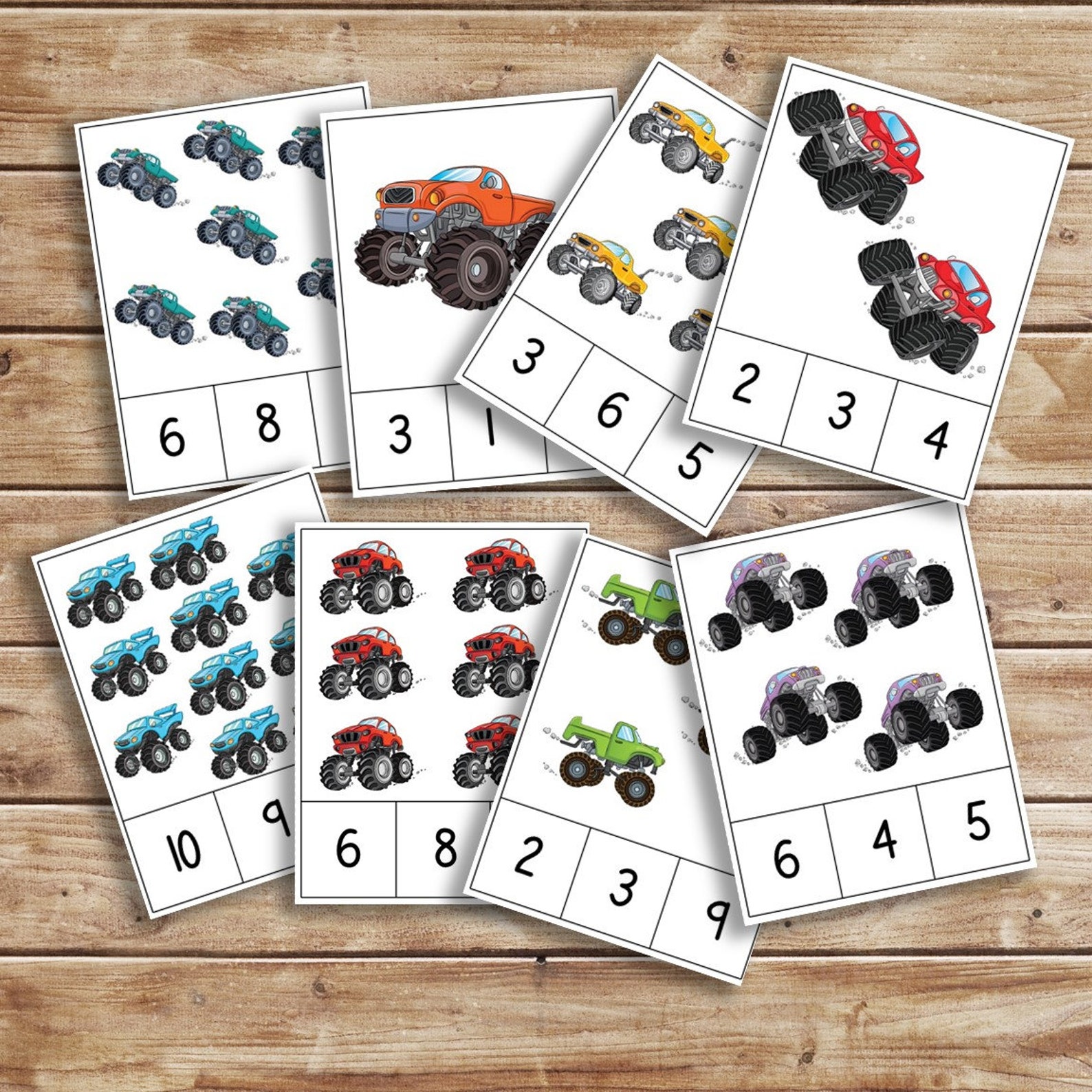 Count and Clip Monster Truck Flashcards, Counting Flashcards for Kids ...