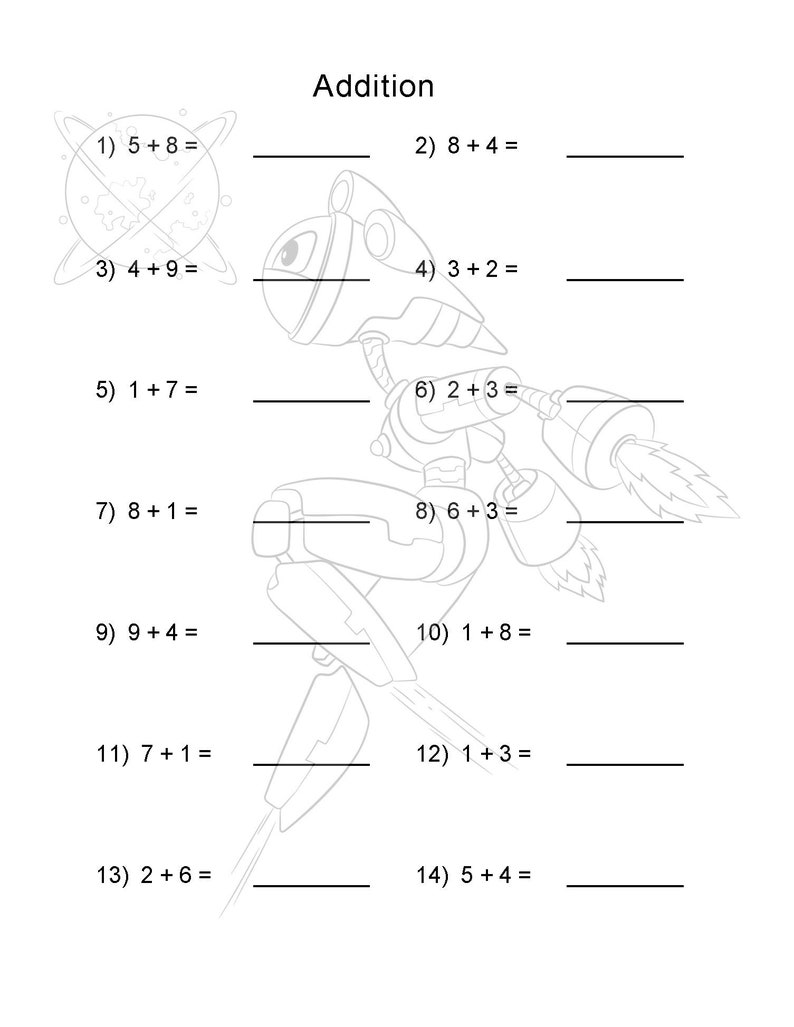 Robots 1 Digit Addition Math Printable | Addition Practice for ...