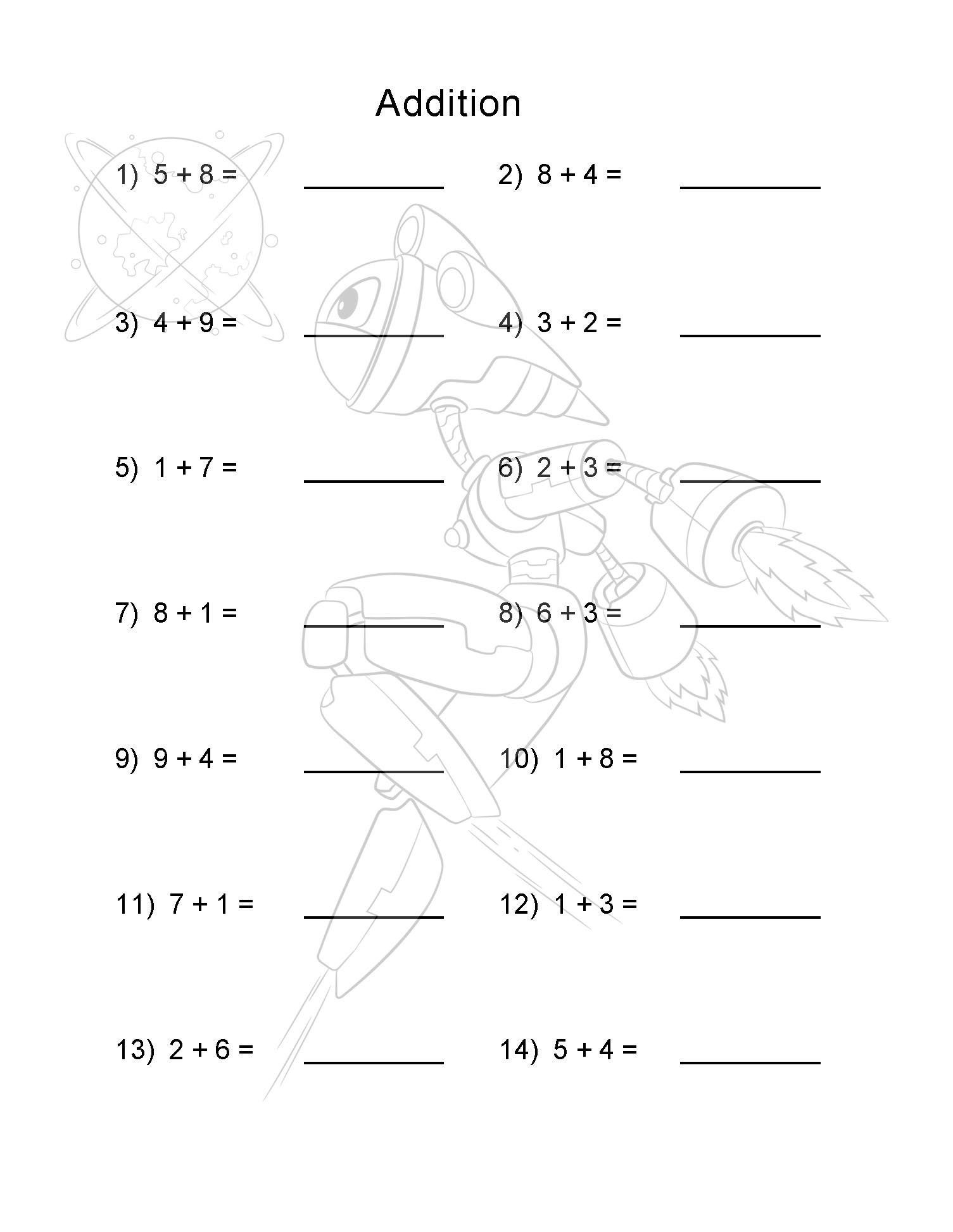 Robots 1 Digit Addition Math Printable | Addition Practice for ...