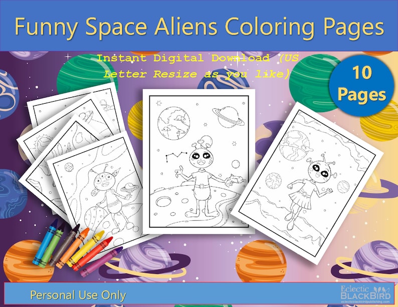 Funny Space Aliens Coloring Pages for Kids, Printables (instant PDF ...