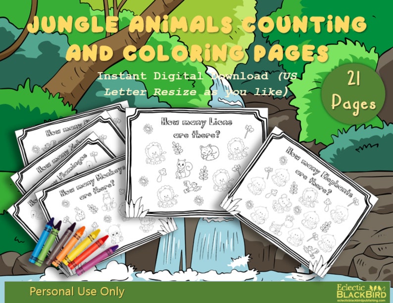 Jungle Animals Counting and Coloring Pages for Kids - Etsy