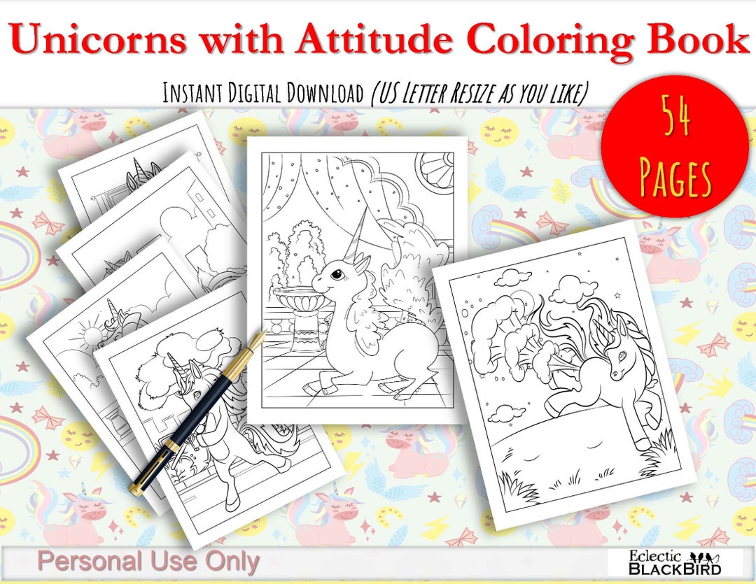 Unicorns With Attitude Coloring Book for Kids, Printables (instant PDF ...