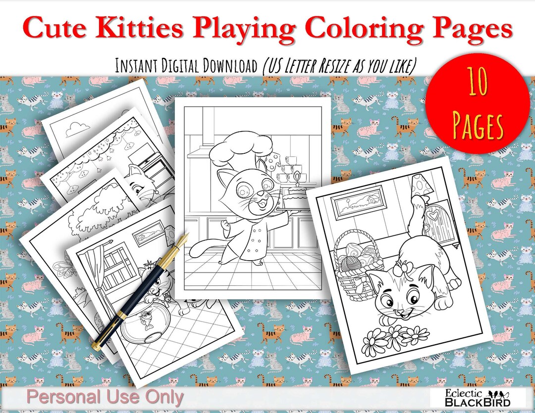 Cute Kitties Playing 10 Coloring Pages for Kids, Printables (instant ...