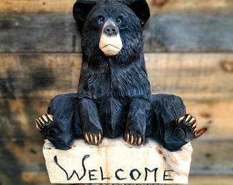 Chainsaw Carved Bear. Door Greeter. Bear Sitting on a Ledge. Chainsaw ...