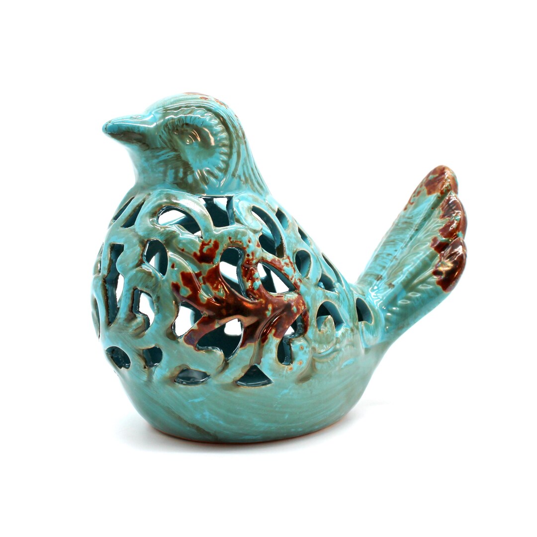 Ceramic Bird Figurine, Turquoise Blue With Faux Rusty Brown Patina ...