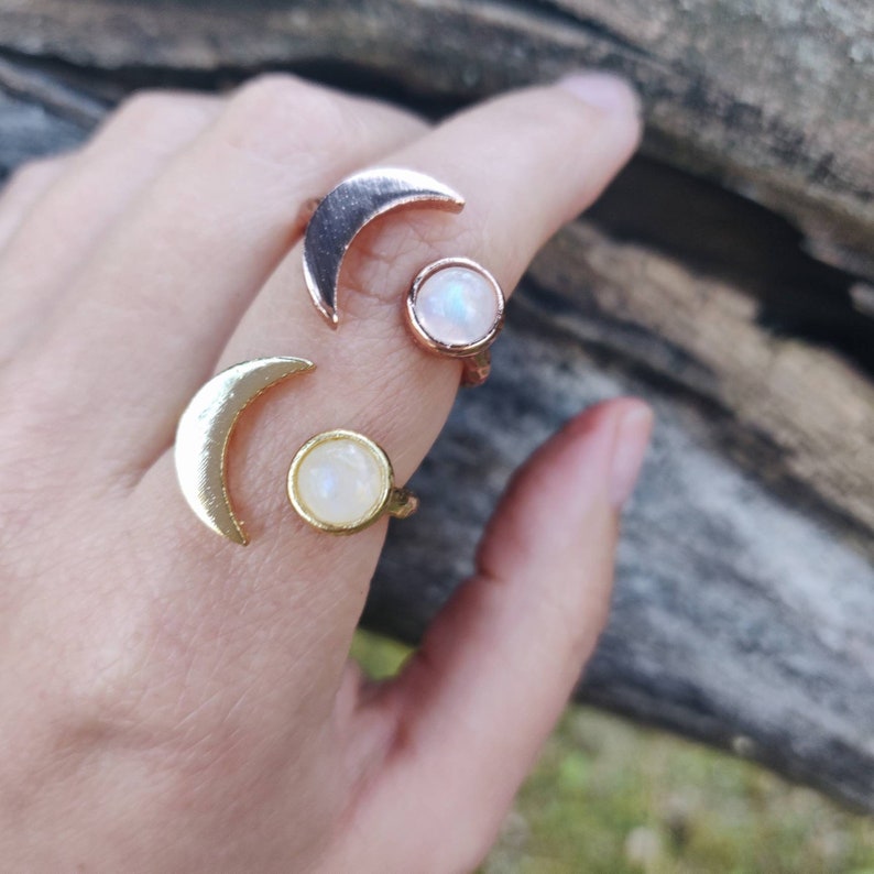 Anillo de piedra lunar, anillo de luna creciente, anillo de luna delicada, anillo ajustable ...