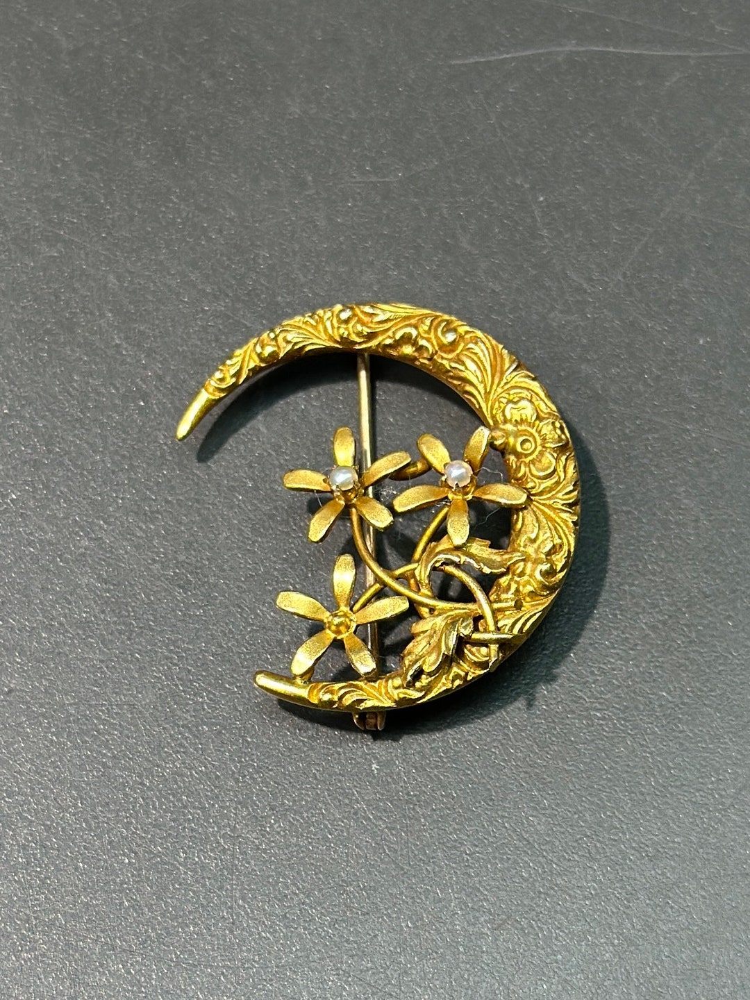 Art Nouveau 10K Gold Motif Crescent Floral Brooch - Etsy