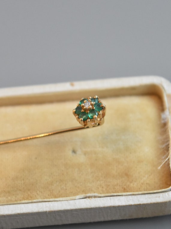 Antique 14K Gold Emerald and Diamond Halo Stick Pin - Gem