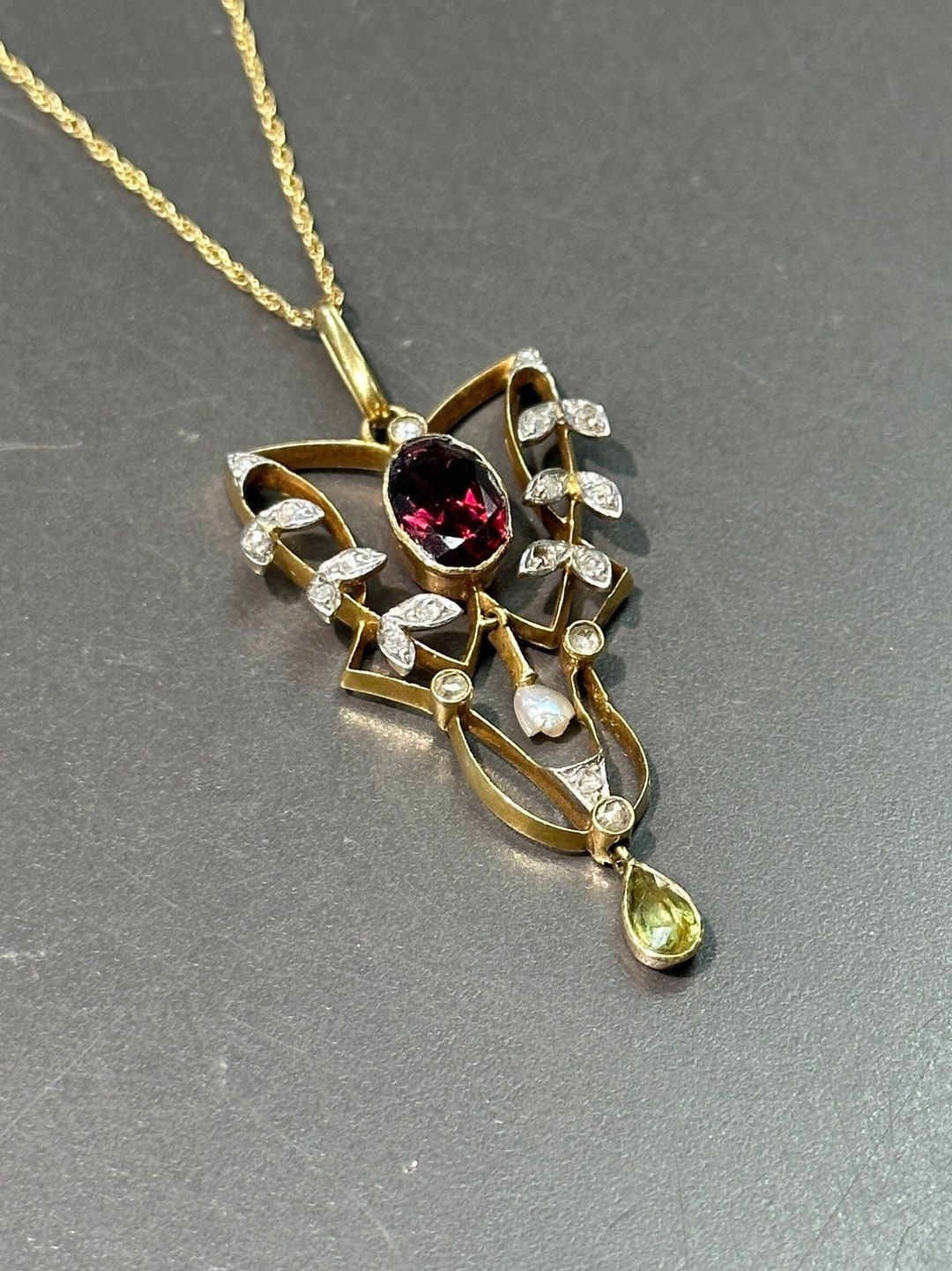 Art Deco 14K Gold Lavaliere Garnet Peridot Diamond Seed Pearl Pendant ...