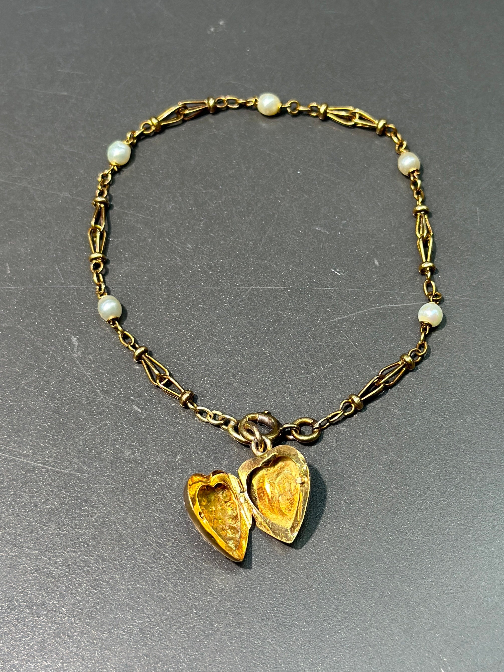 Victorian 18K Gold Seed Pearl Heart Locket Bracelet - Etsy