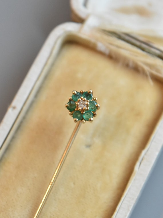 Antique 14K Gold Emerald and Diamond Halo Stick Pin - Gem