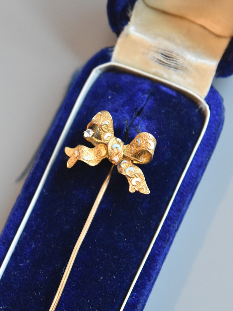 Victorian 14K Enamel Diamond Bow Ribbon Stick Pin - Etsy