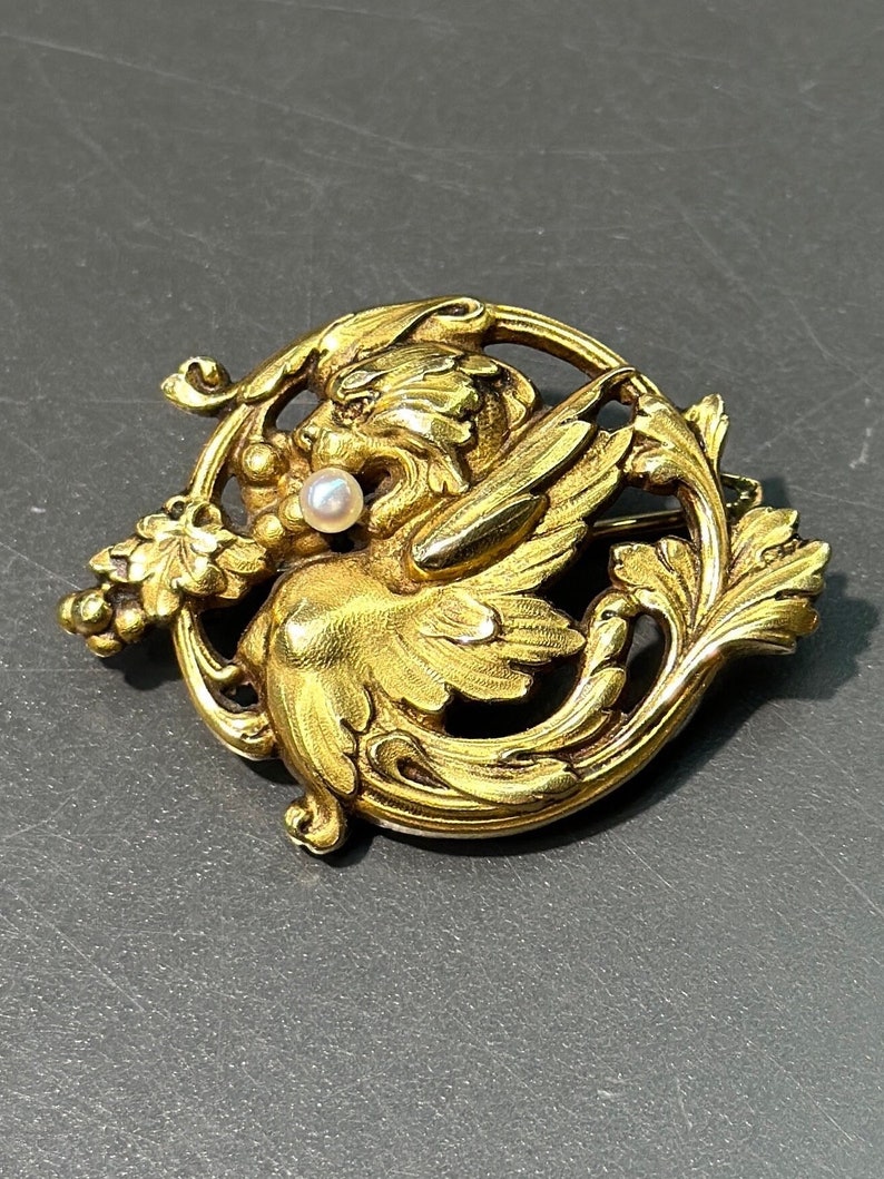 Antique 18K Gold French Griffin and Natural Pearl Brooch - Etsy