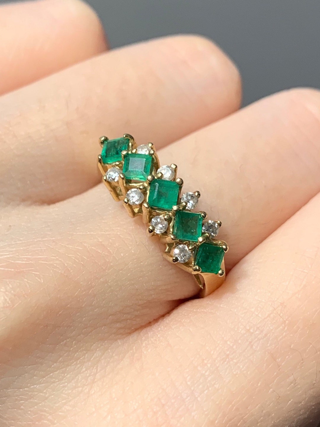 Vintage 18K Gold Calibre Cut Emerald and Diamond Ring - Etsy