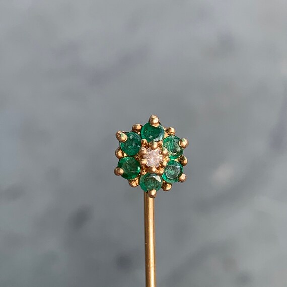 Antique 14K Gold Emerald and Diamond Halo Stick Pin - Gem