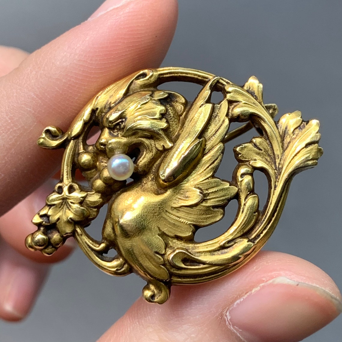Antique 18K Gold French Griffin and Natural Pearl Brooch - Etsy