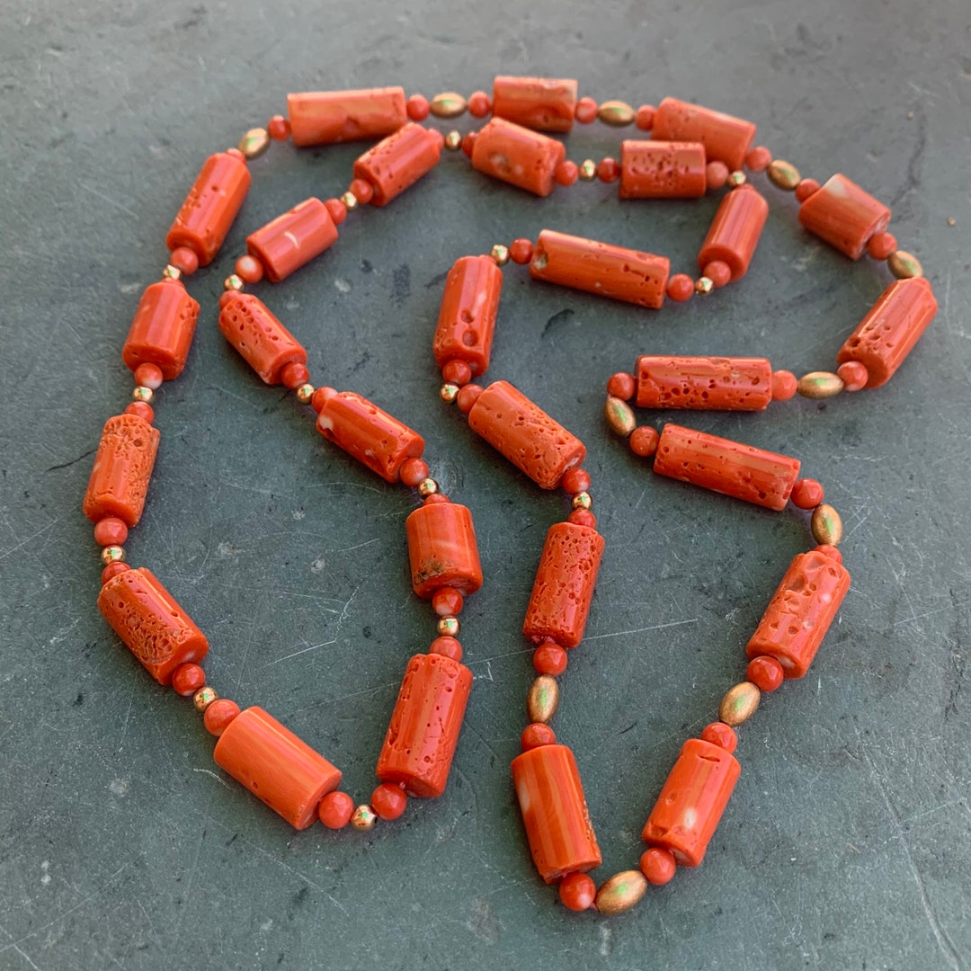 Vintage 14K Yellow Gold Natural Momo Cylinder Shape Red Coral Bead ...