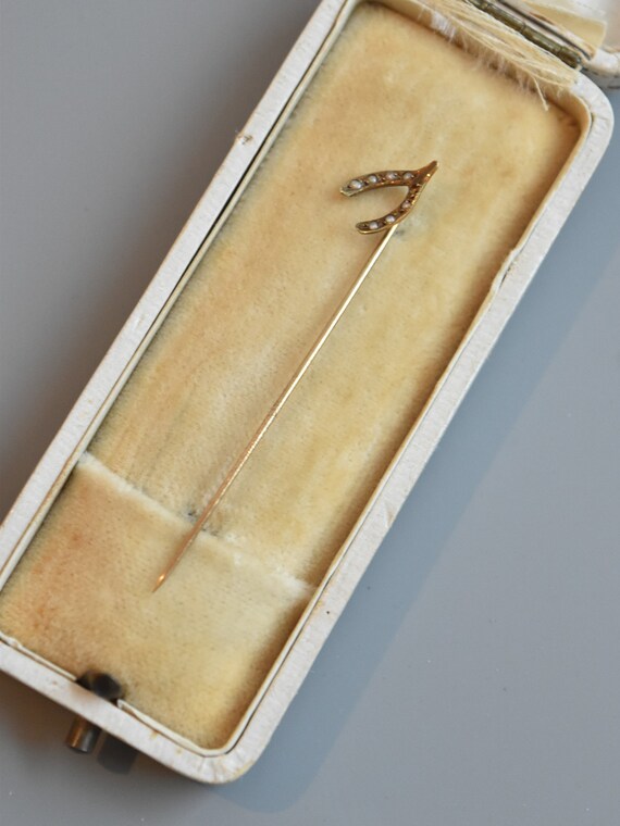 Antique 14k Gold Seed Pearl Wish Bone Stick Pin - Gem