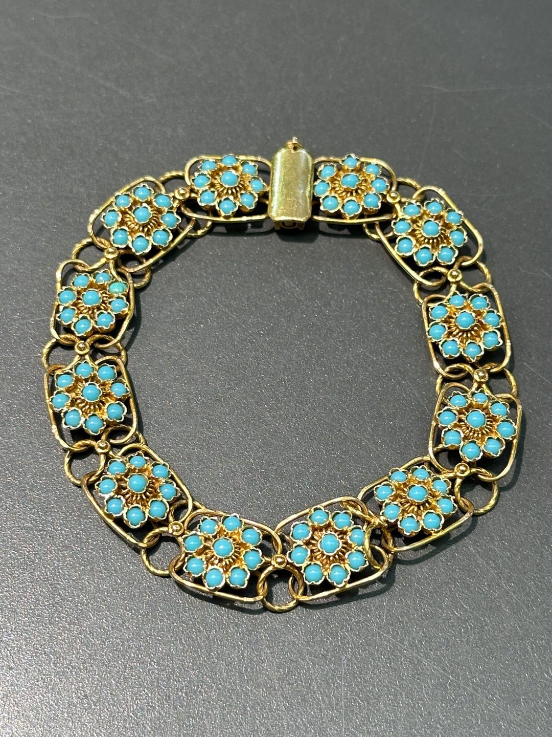 Antique 18K Gold Turquoise Flower Cluster Chain Bracelet - Etsy