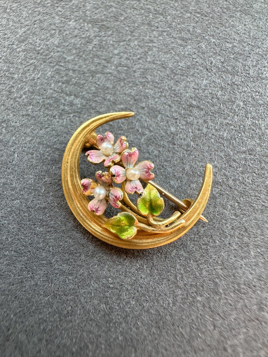 Vintage 14K Gold Krementz and Co. Pink Enamel Flower Crescent Floral ...