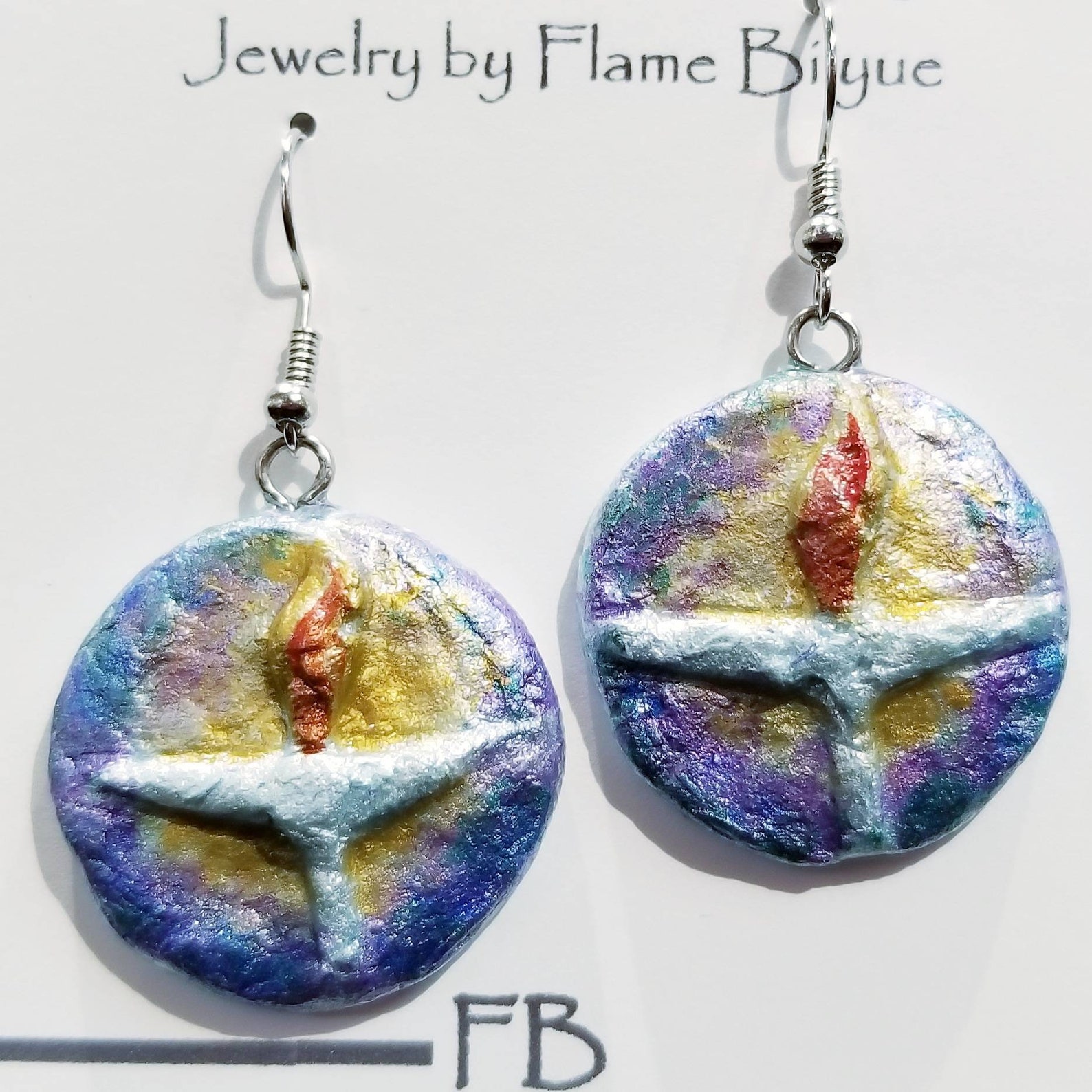 Flaming Chalice Round Blue Purple Disc Dangle Earrings Handmade ...