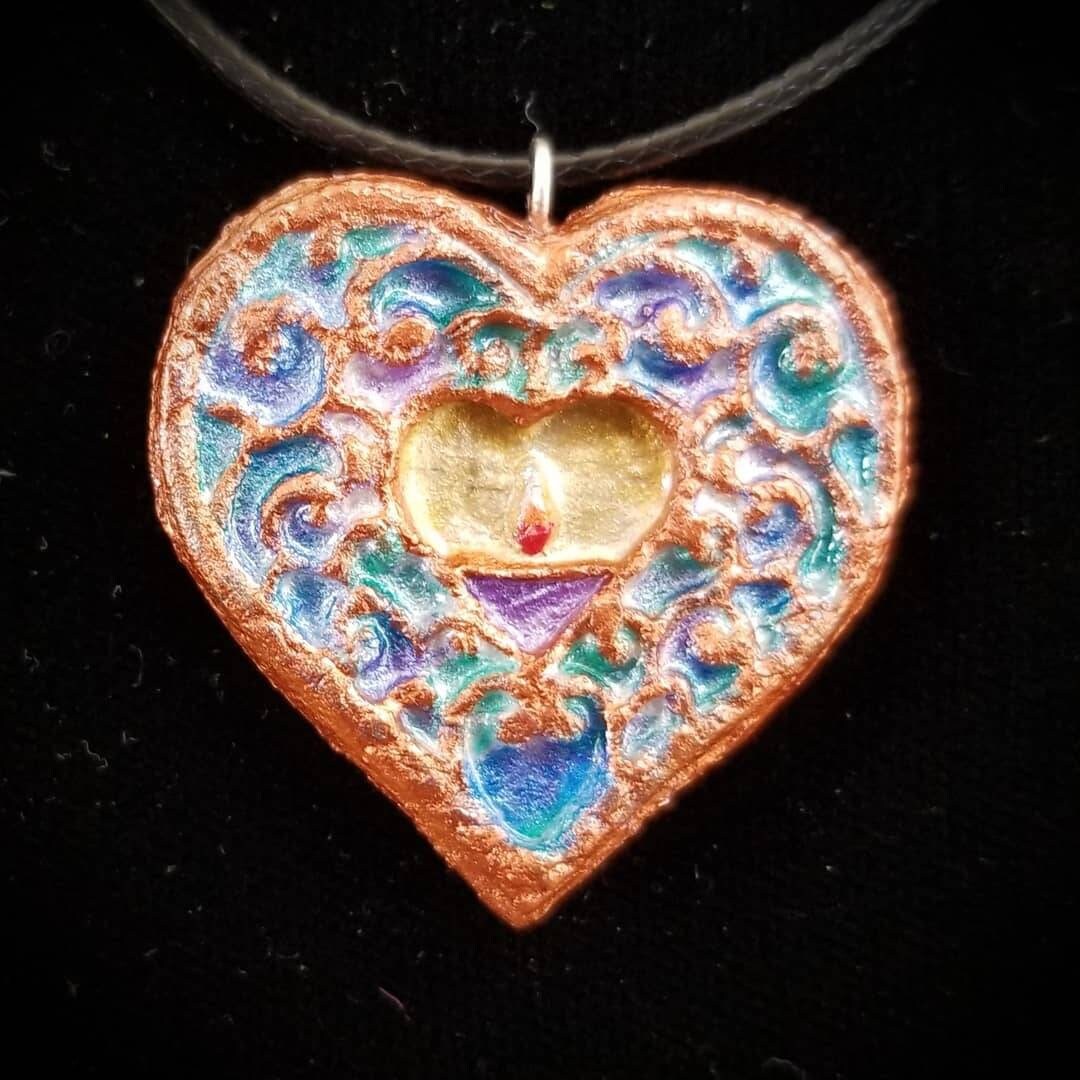Flaming Chalice Heart Pendant: Iridescent Copper, Recycled Paper Mache ...