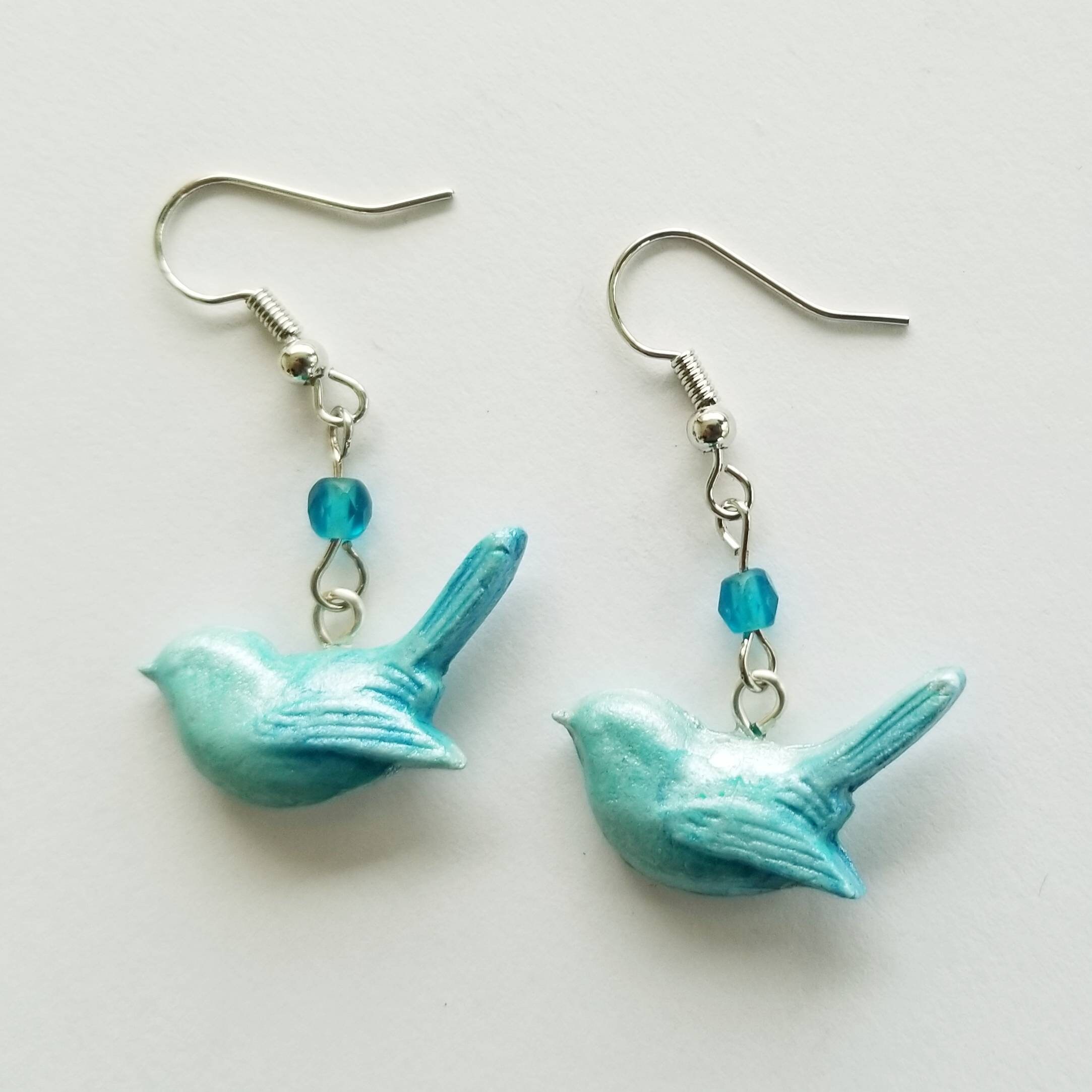 Blue Bird Dangle Earrings, Teal Blue Glass Beads, Bird Lover, Gift for ...