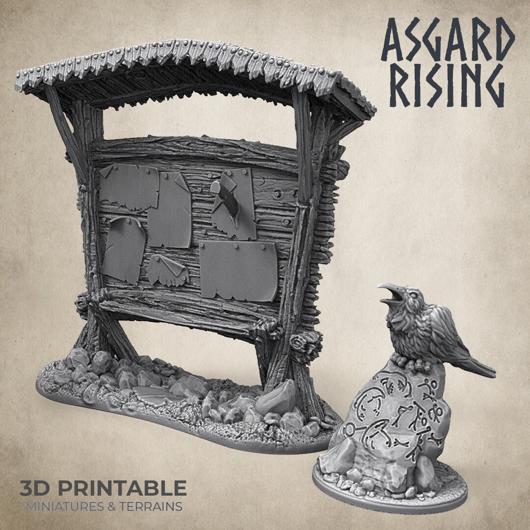 3D Printed Asgard Rising Notice Bounty Board and Rune Rock With Crow ...