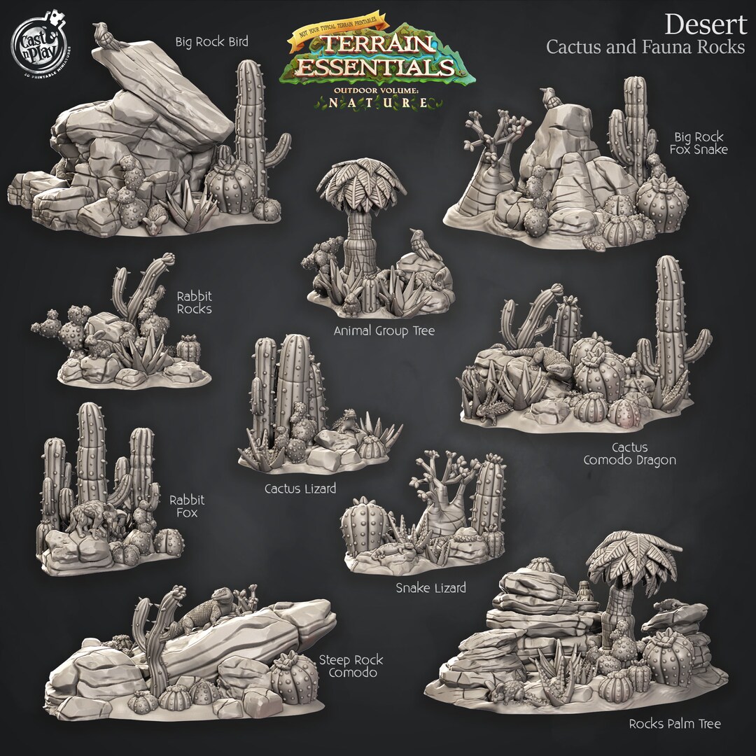 3D Printed Cast N Play Cactus, Fauna and Rocks Desert Terrain Set ...