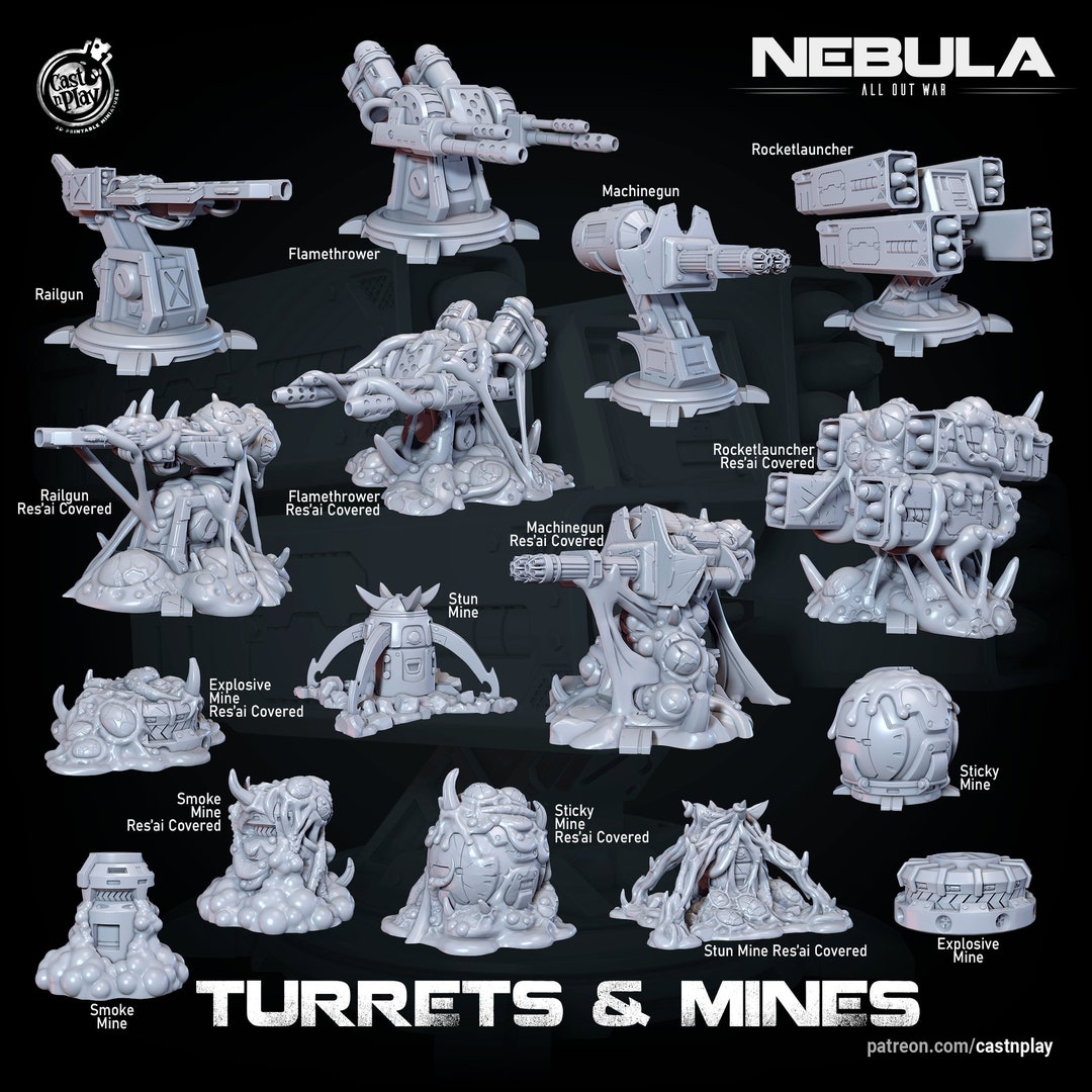 3D Printed Cast N Play Mines and Turrets Nebula All Out War 28mm 32mm D ...