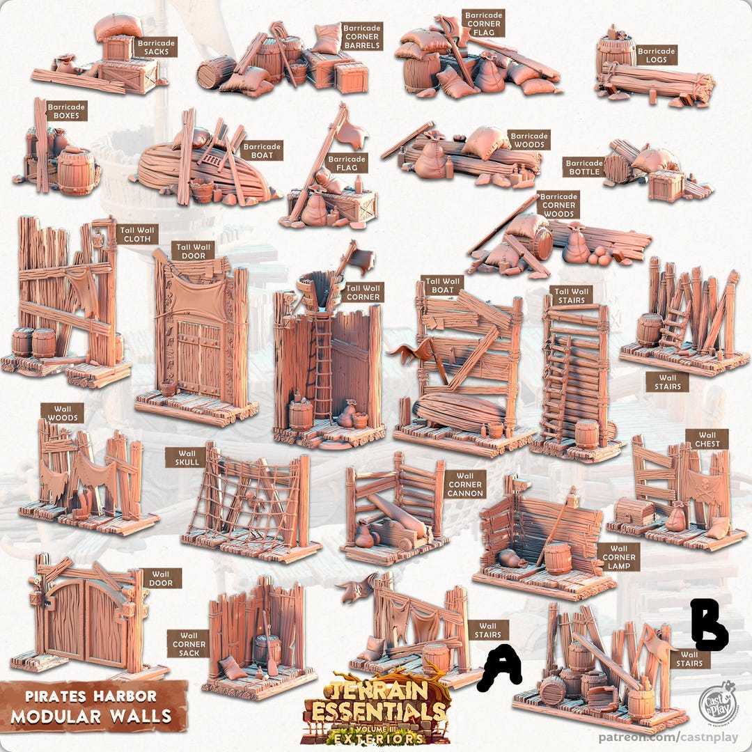 3D Printed Cast N Play Modular Walls Pirates Harbor Set 28mm 32mm D&D ...