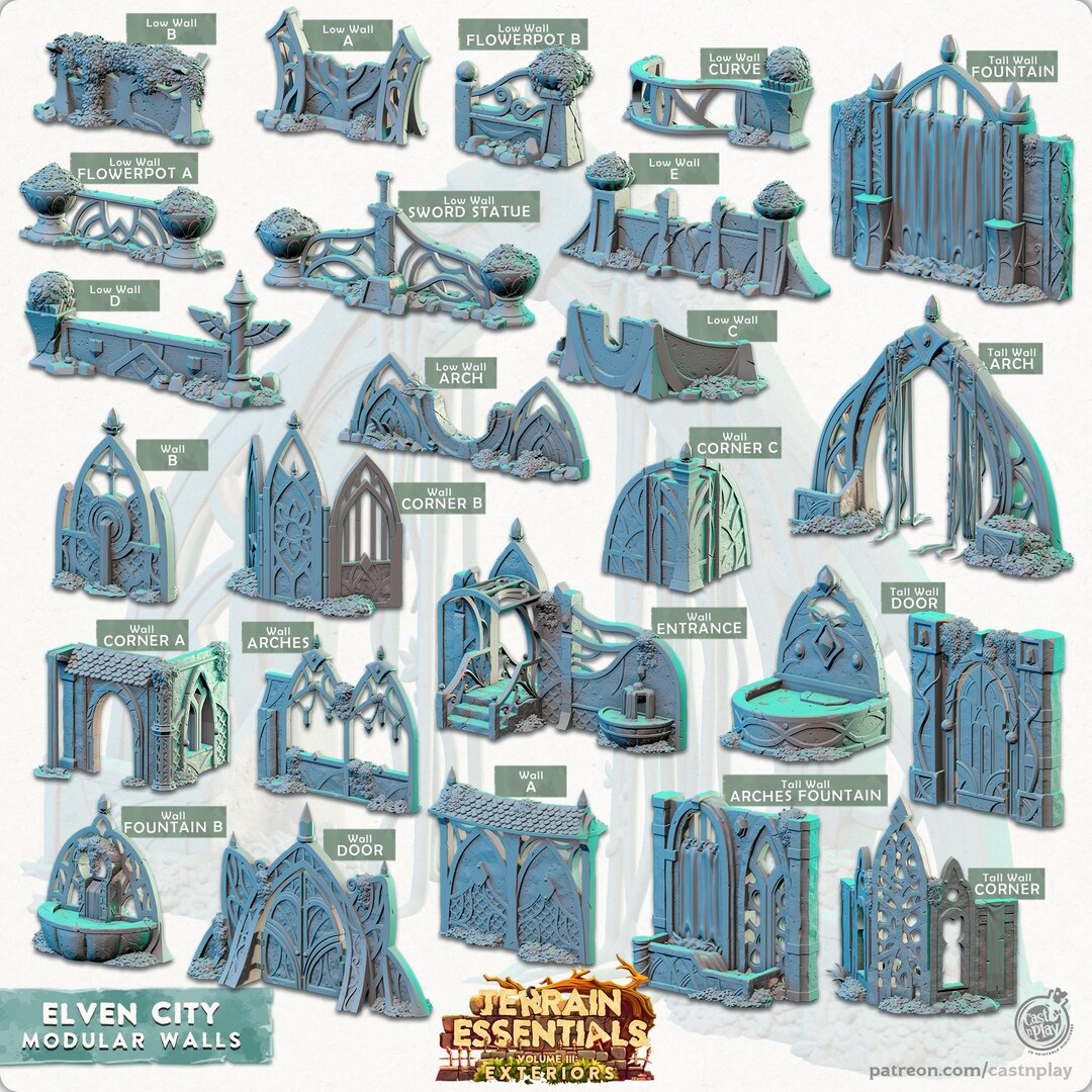 3D Printed Cast N Play Modular Walls Elven City Set Terrain Essentials ...