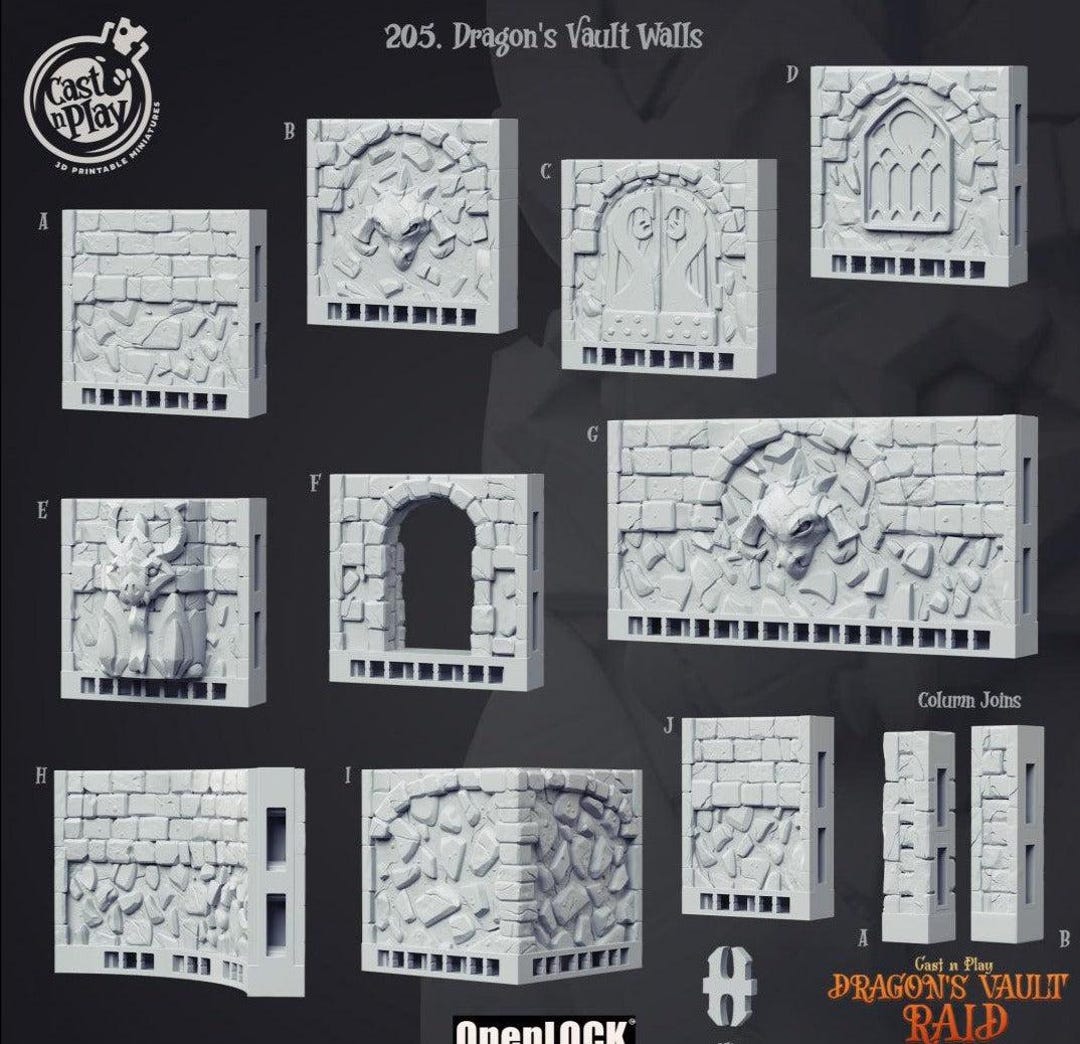 3D Printed Cast N Play Dragon's Vault Walls Dragon's Hoard 28mm 32mm D ...