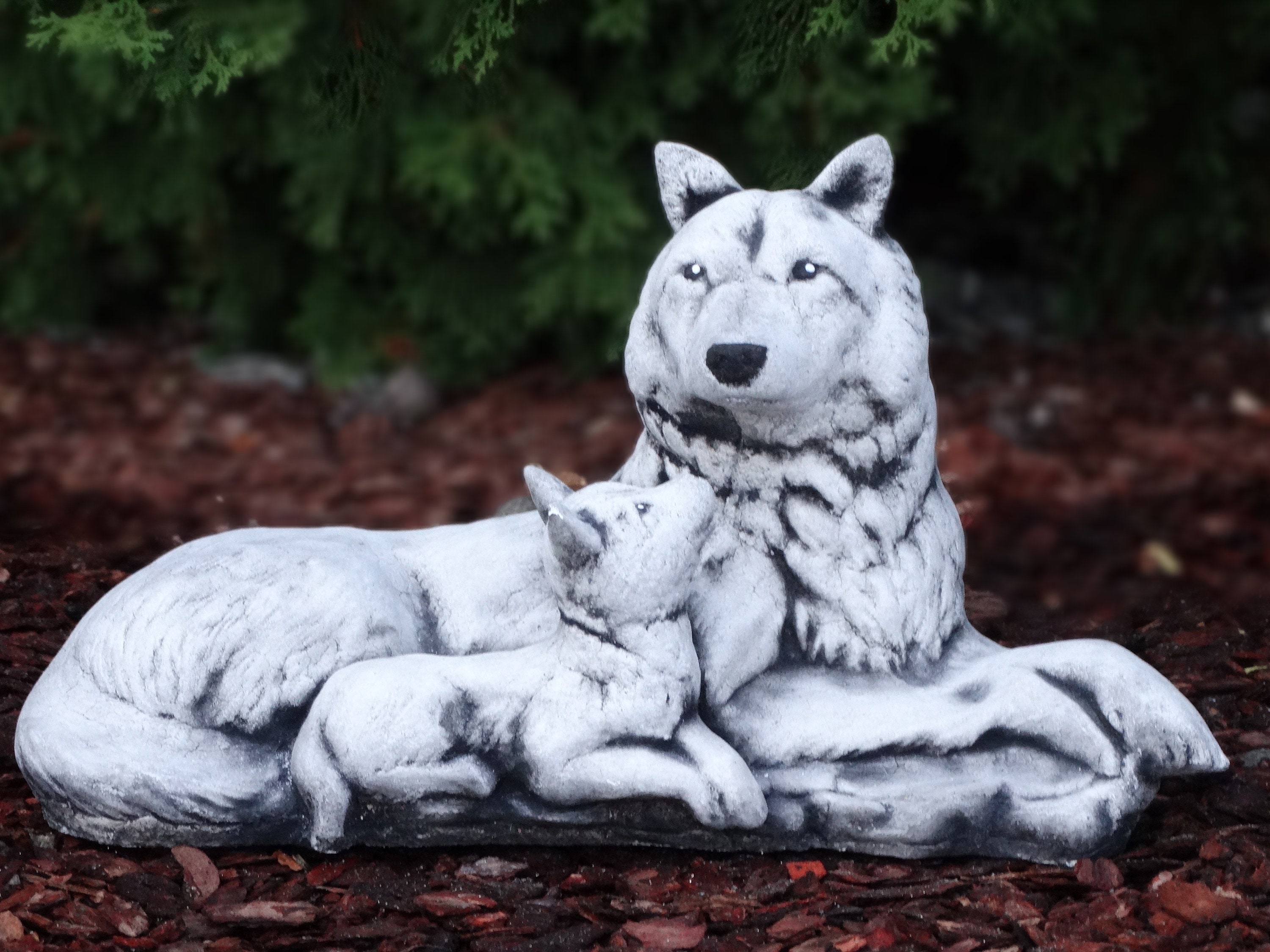 Outdoor Wolf Statue for Yard Art Concrete Sitting Wolf Mom and Child ...